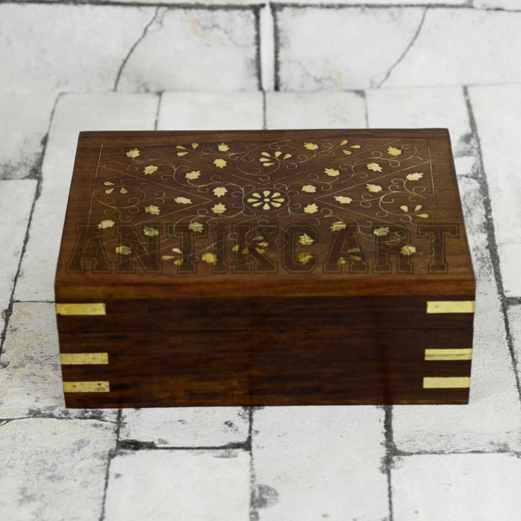 Brass Inlay Sheesham Wood Ornament Box- Medium Size - Antikcart