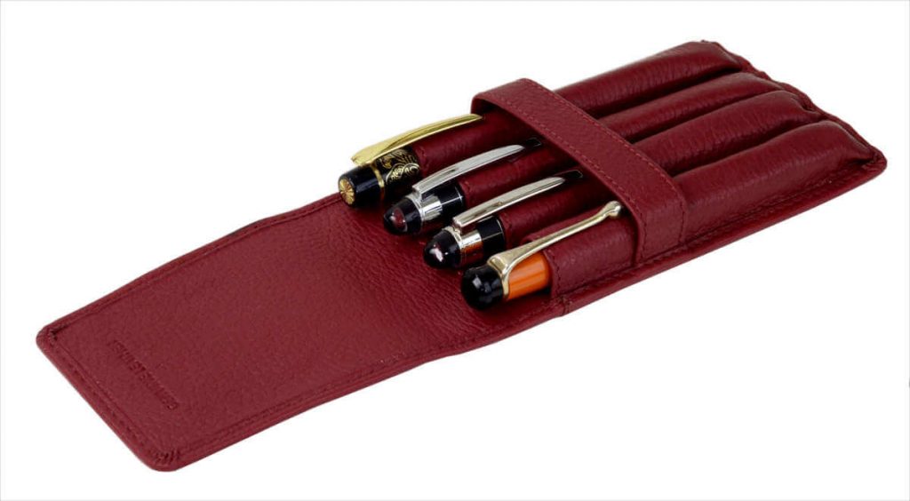 buy pure leather pen case with 4 pens separate pockets - Burgundy