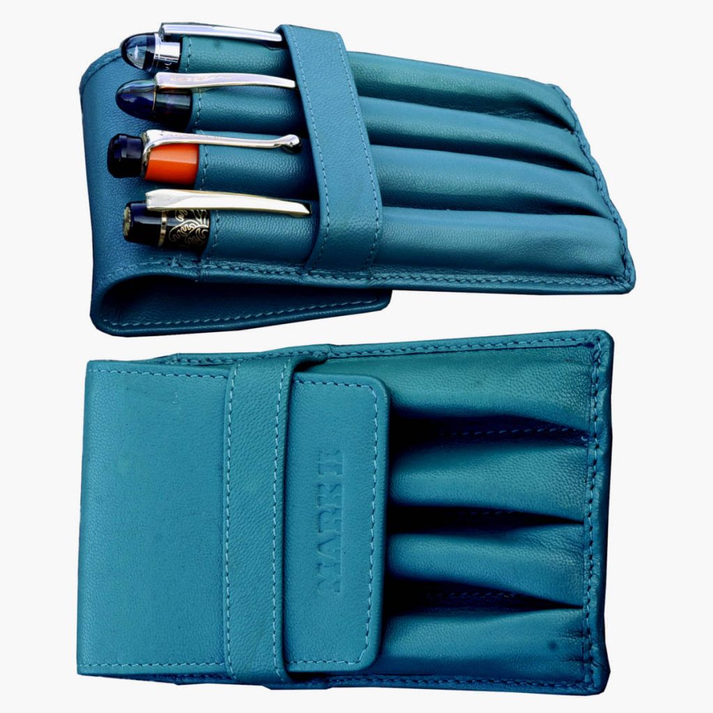 buy pure leather pen case with 4 pens separate pockets - Burgundy