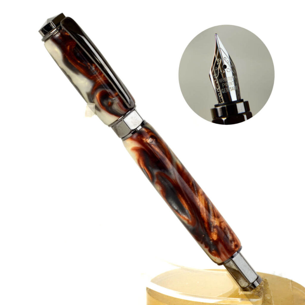 Hand turned acrylic marbled barrel fountain pen with steel F nib
