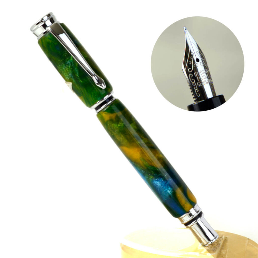 Hand turned acrylic marbled barrel fountain pen with steel F nib