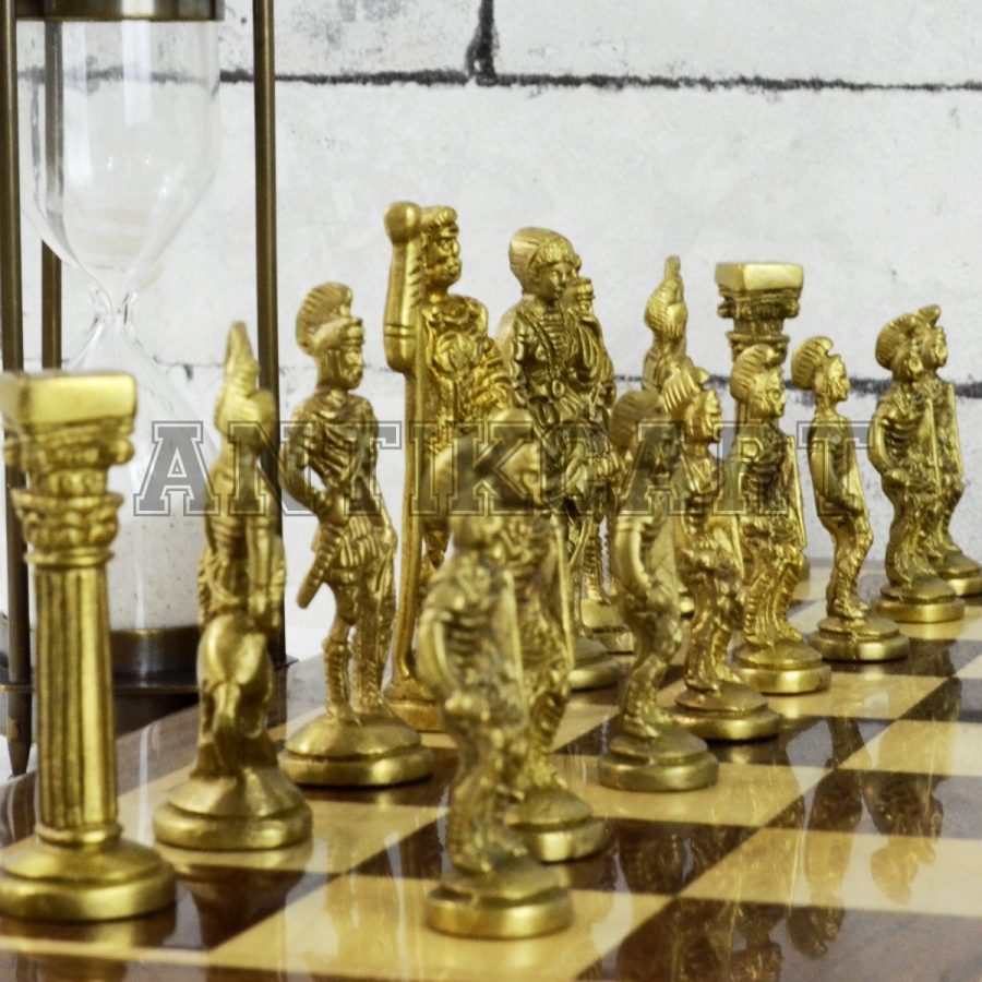 Rosewood Chess Board and Brass Roman Chess Pieces - Antikcart