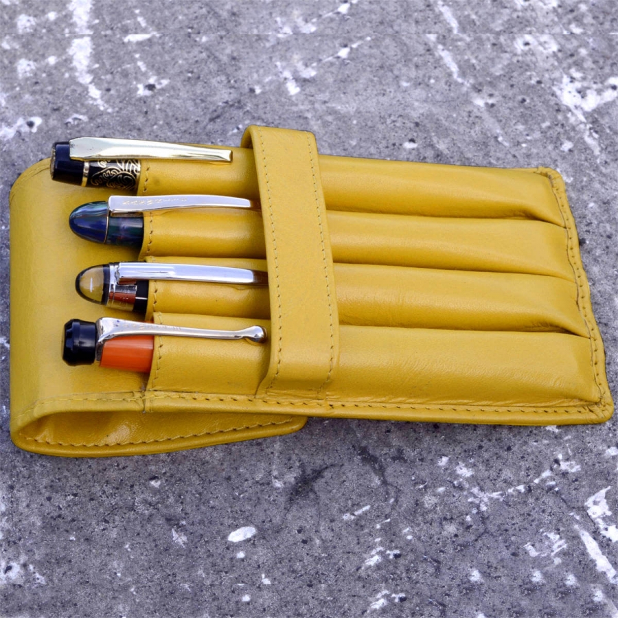 buy pure leather pen pouch chrome yellow with 4 pens separate pockets