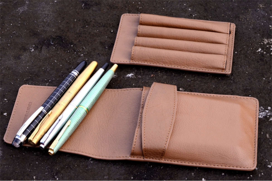 buy pure leather pen pouch with slide-in pen pad - Tan brown